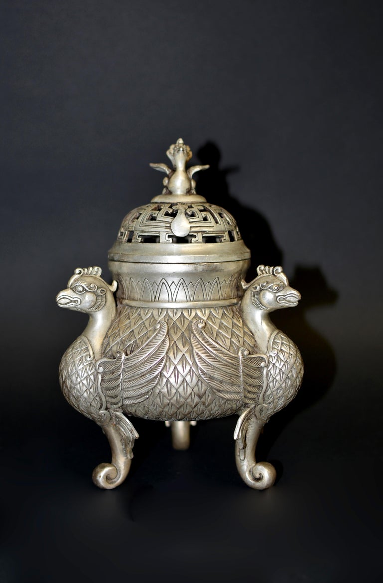 Silver Bronze Censer with Pheasants Incense Burner For Sale at 1stDibs