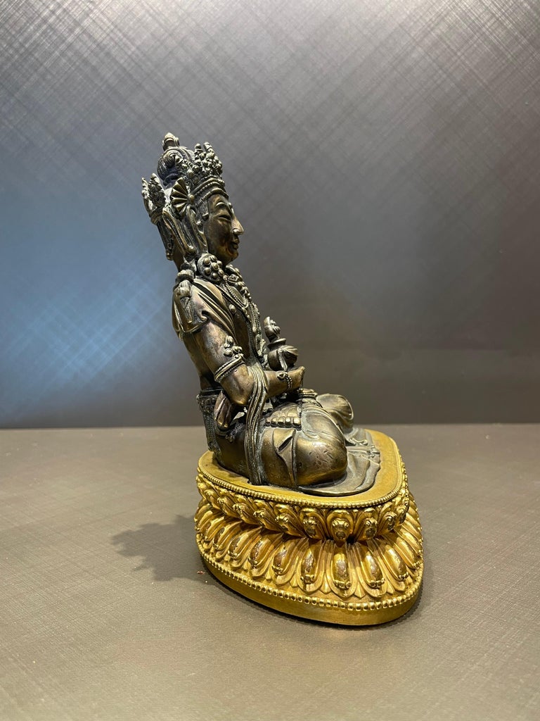 Silver Buddhist Statue with Gold Plated Bronze Lotus Stand For Sale at ...