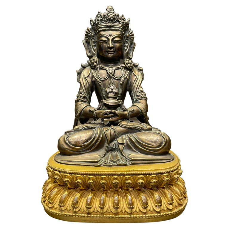 Silver Buddhist Statue with Gold Plated Bronze Lotus Stand For Sale at ...