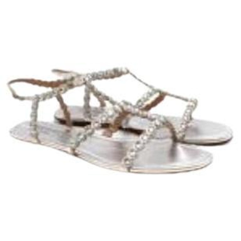 Silver crystal embellished flat sandals For Sale at 1stDibs