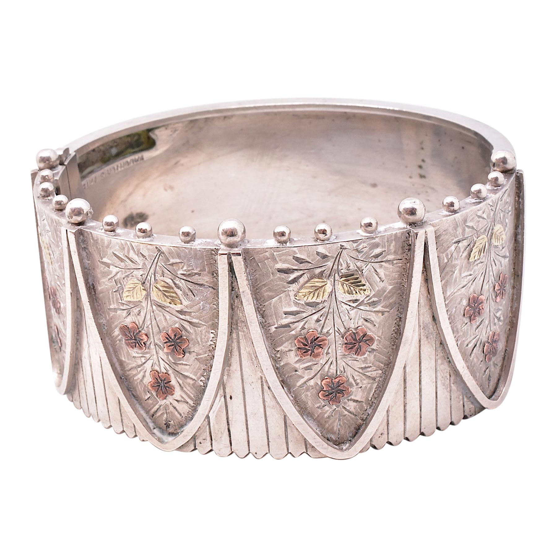 Silver Cuff Bracelet with 2 Color Gold Accents at 1stDibs