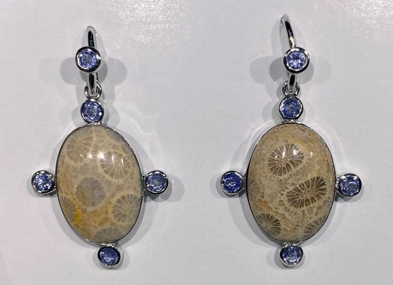 Silver Dangle Earrings with Tanzanite and Petosky Stone Cabochons For ...