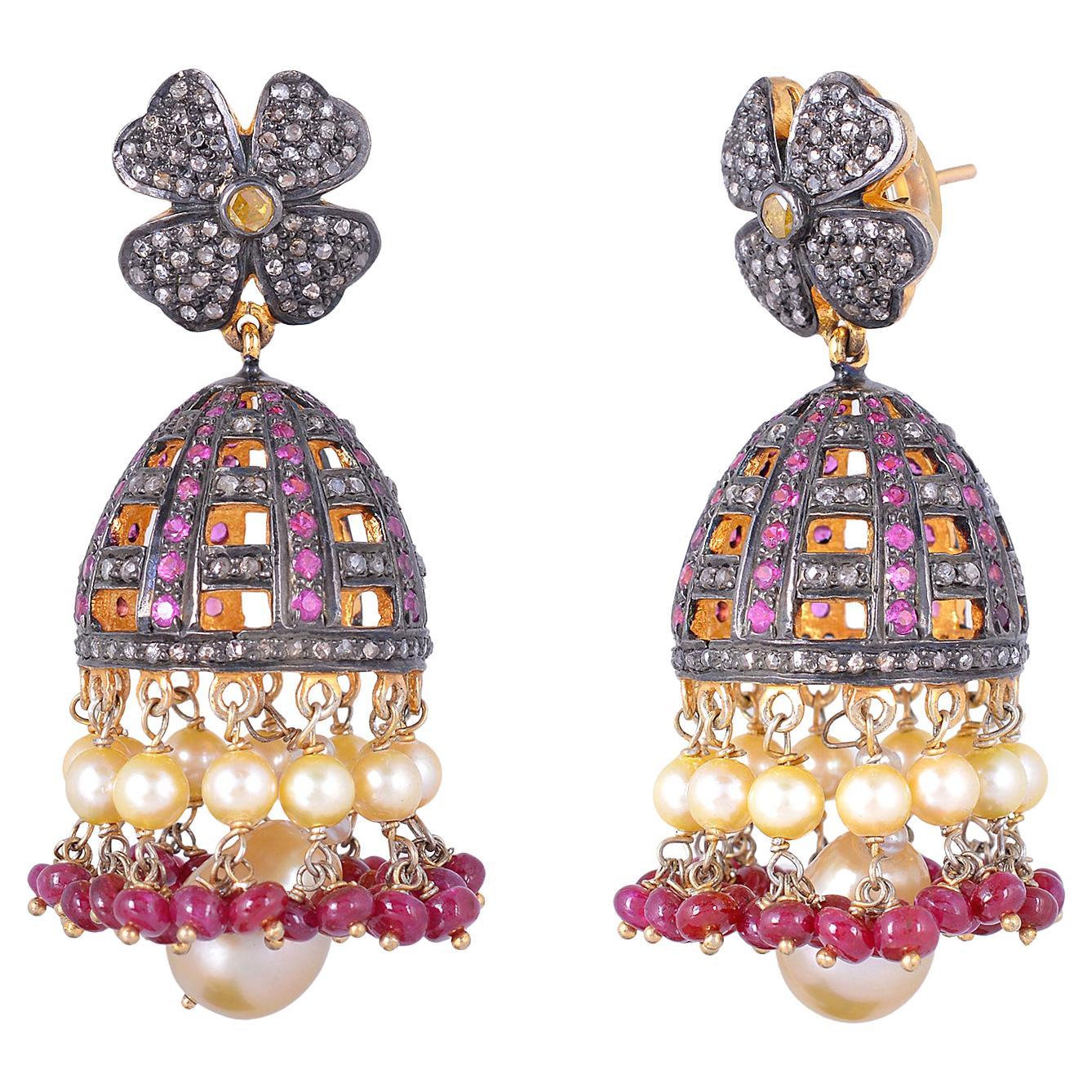Pearl Ruby Diamond Silver Gold Chandelier Earrings For Sale at 1stDibs