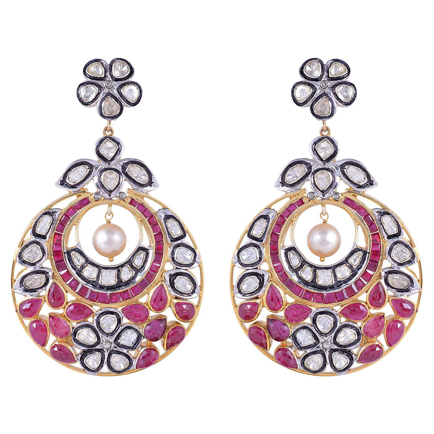 Pearl Ruby Diamond Silver Gold Chandelier Earrings For Sale at 1stDibs