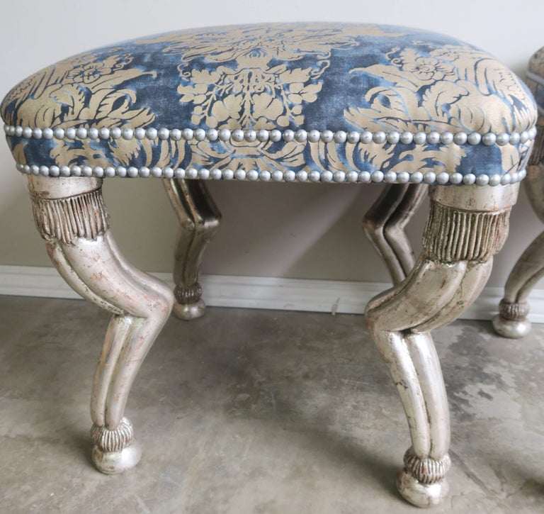 Silver Gilt Fortuny Upoholstered Benches with Silver Nailhead Trim ...