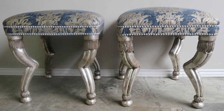 Silver Gilt Fortuny Upoholstered Benches with Silver Nailhead Trim ...