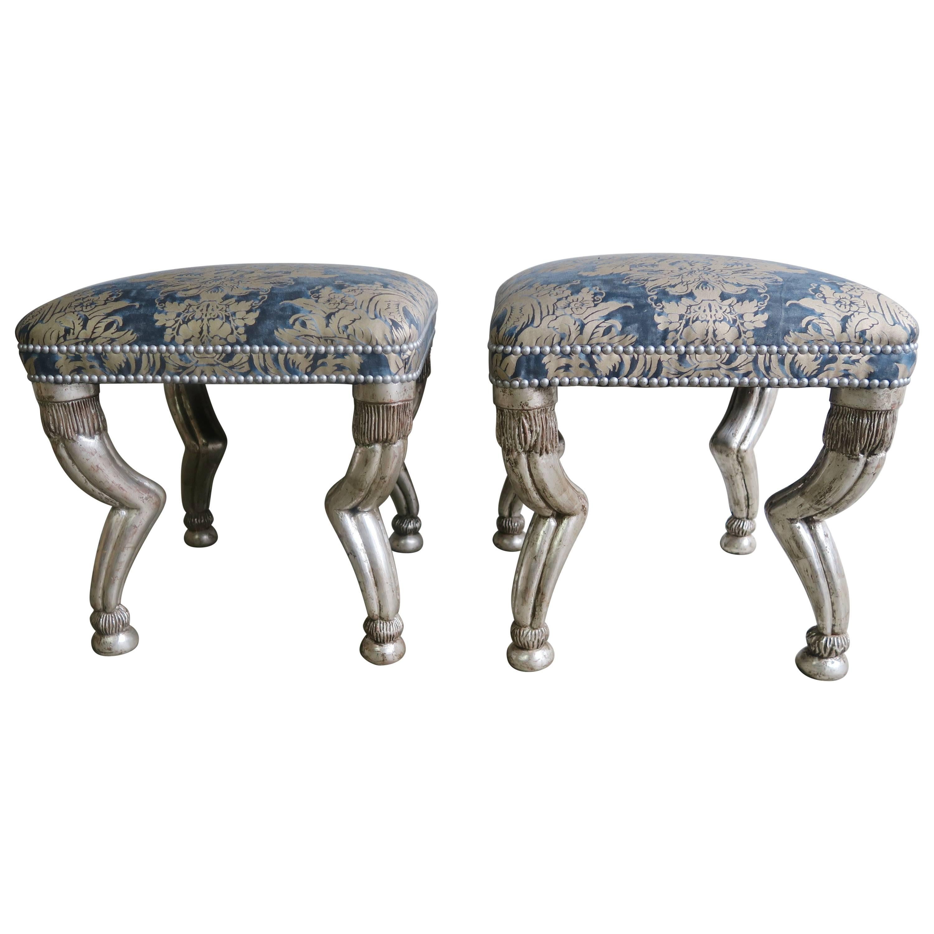 Silver Gilt Fortuny Upoholstered Benches with Silver Nailhead Trim ...