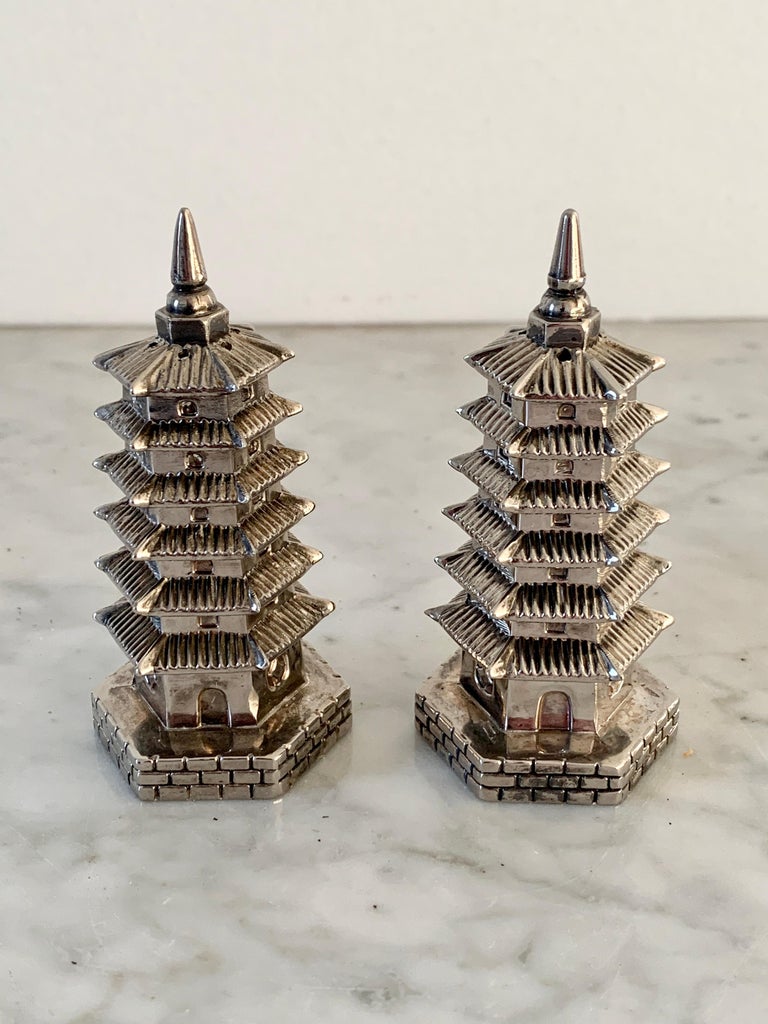 Silver Godinger Chinoiserie Pagoda Salt and Pepper Shakers For Sale at ...