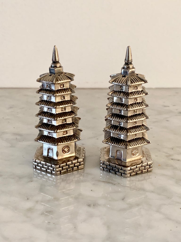 Silver Godinger Chinoiserie Pagoda Salt and Pepper Shakers For Sale at ...
