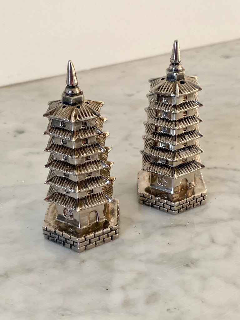 Silver Godinger Chinoiserie Pagoda Salt and Pepper Shakers For Sale at ...