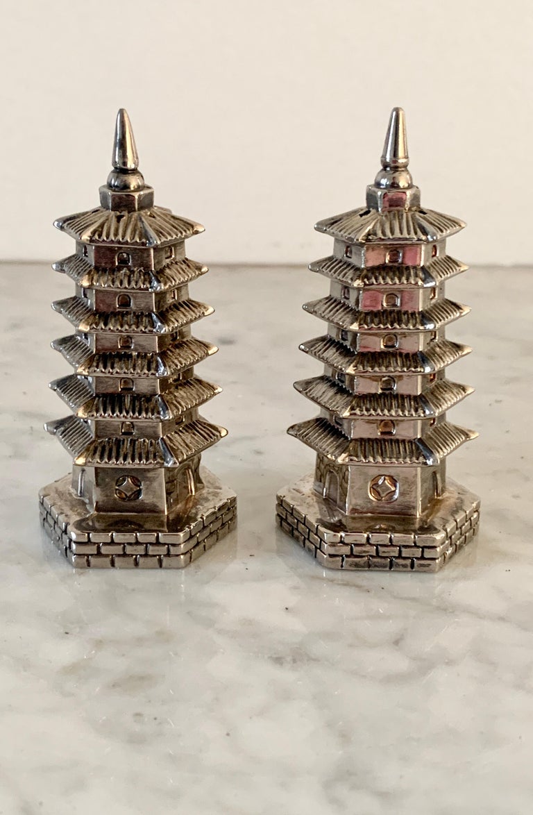 Silver Godinger Chinoiserie Pagoda Salt and Pepper Shakers For Sale at ...