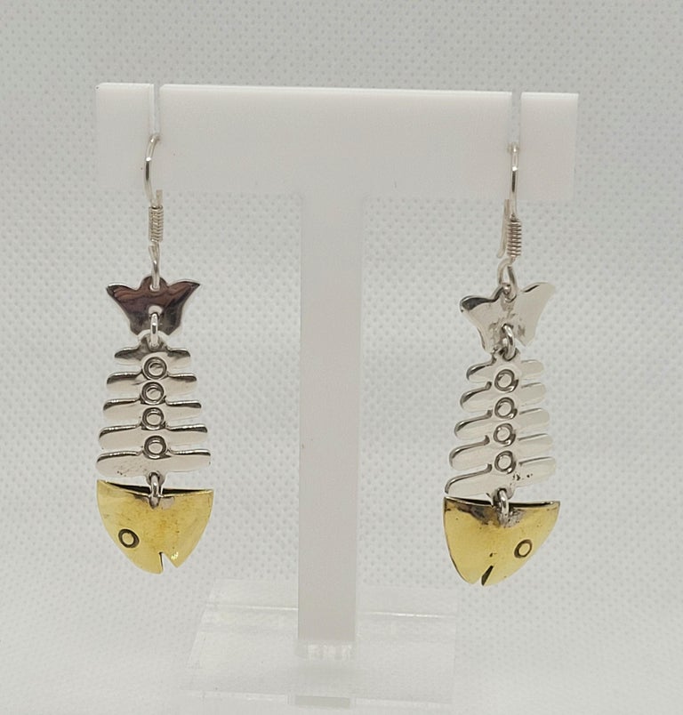 Silver Gold Plated Fish Bone Earrings, Hook Style Dangle, 11.3 Grams ...