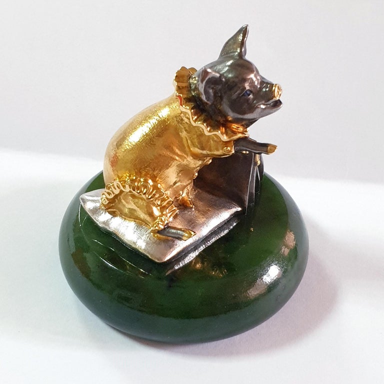 Silver Gold Plated Pig with a Rich Bag miniature For Sale at 1stDibs
