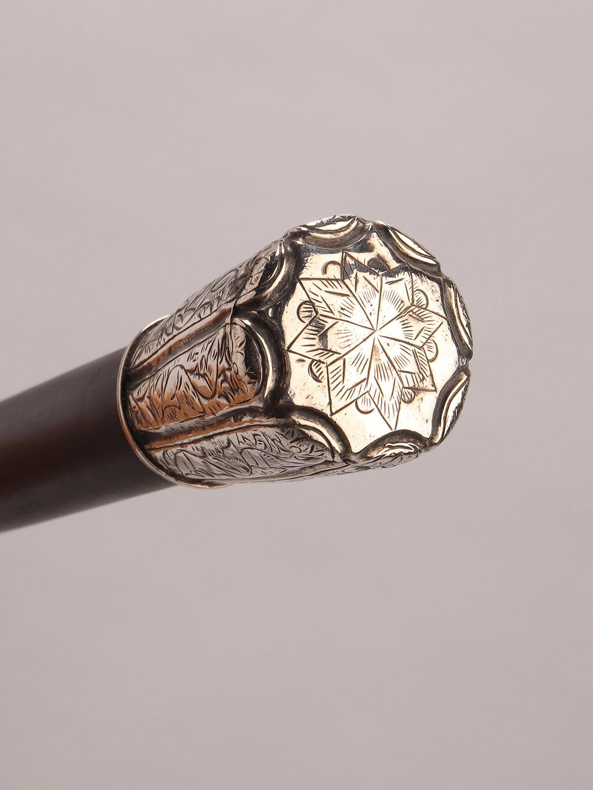 Silver handle walking stick, milord shape with leaves, France 1900. For ...