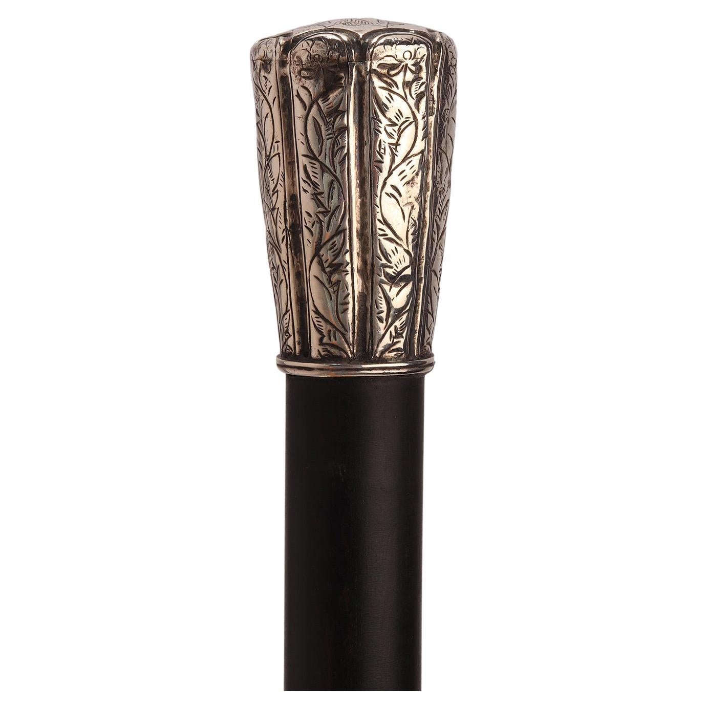 Silver handle walking stick, milord shape with leaves, France 1900. For ...