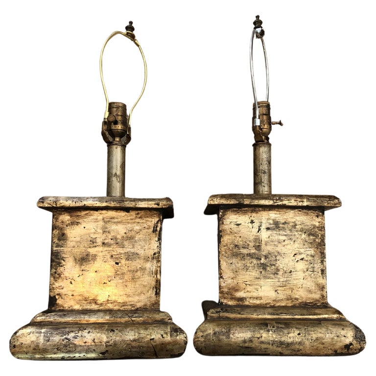 Silver Leaf Hand Carved Pair of Square Lamp Bases Which Are Antiqued ...