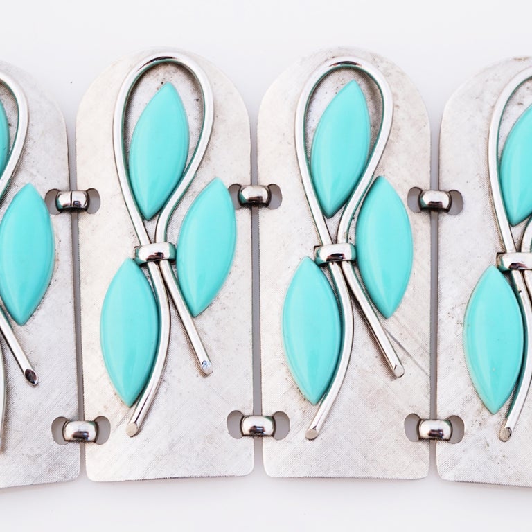 Silver Link "Gauntlet" Cuff Bracelet With Turquoise Cabochons By Napier ...