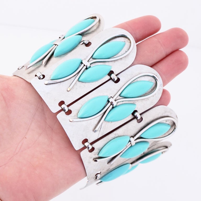 Silver Link "Gauntlet" Cuff Bracelet With Turquoise Cabochons By Napier ...