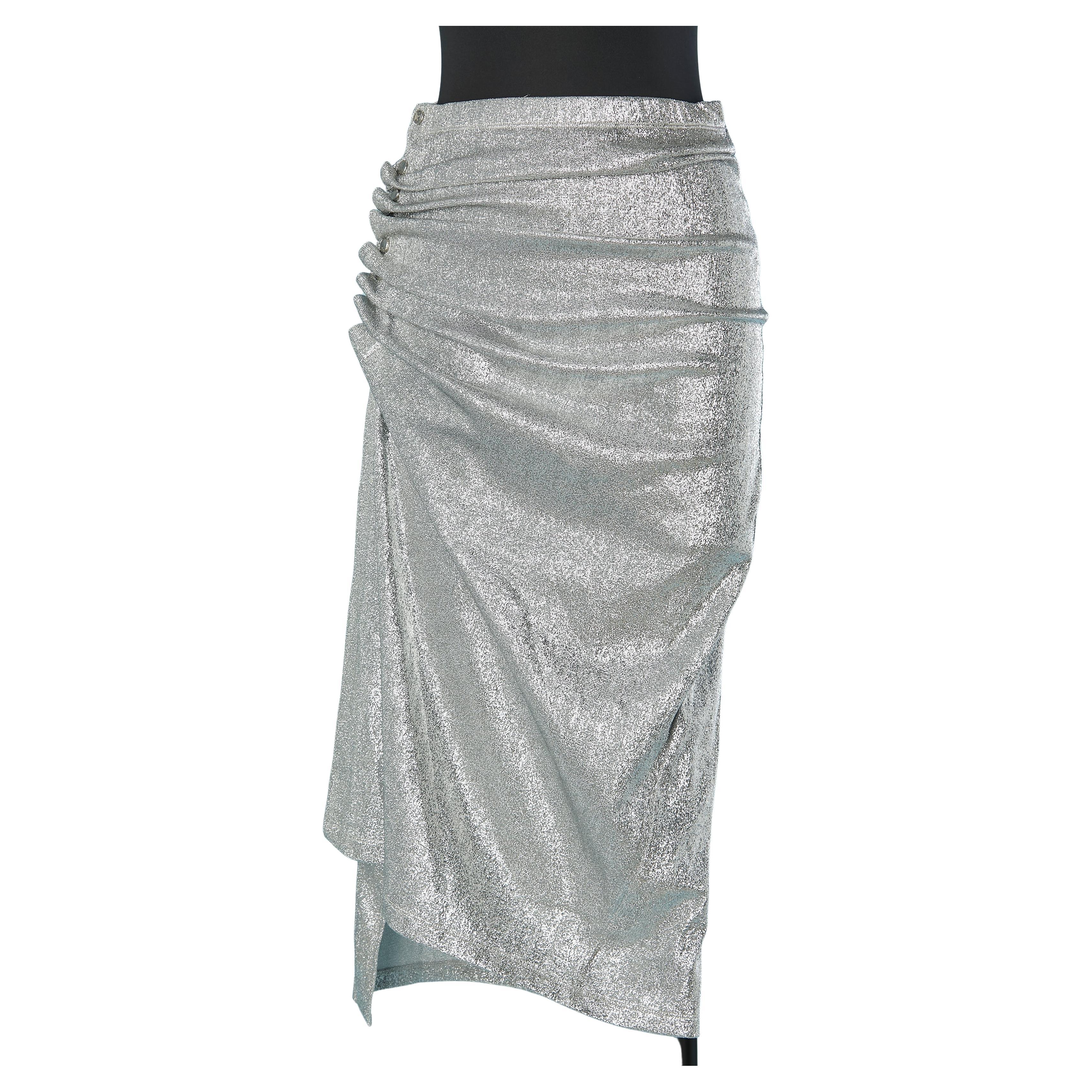 Silver lurex jersey skirt with drapé on the right side with snap Paco ...