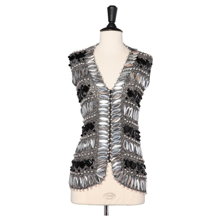 Silver lurex knit vest with oversize black and silver cabochons Loris ...