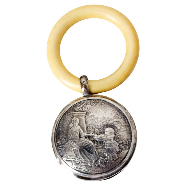 Silver Metal Bakelite Rattle Representing Childhood Scenes, France ...