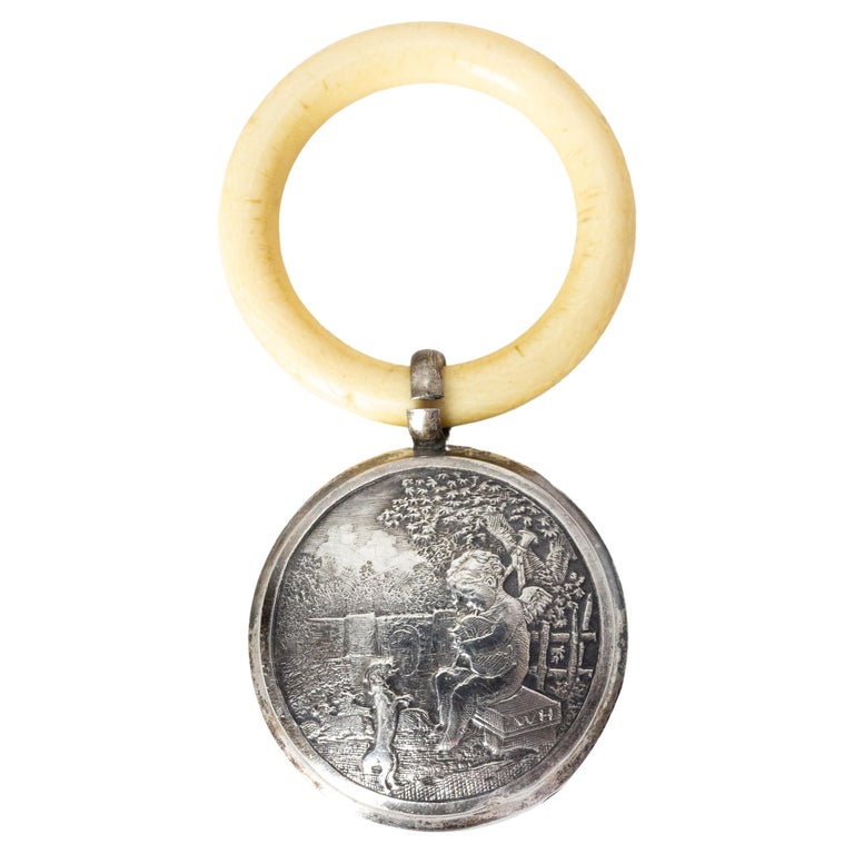 Silver Metal Bakelite Rattle Representing Childhood Scenes, France ...