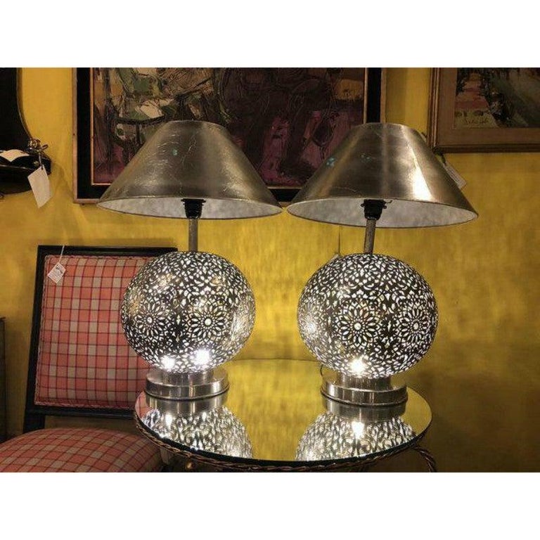 Silver Brass Filigree Moroccan Table Lamp, with Bottom and Upper Lights ...