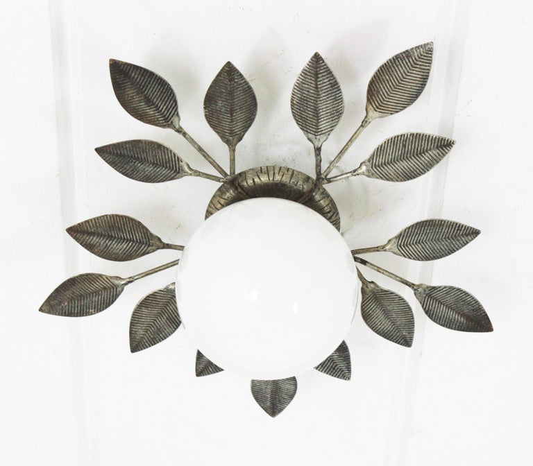 Silver Metal Foliage Light Fixture with White Blown Glass Globe, 1960s ...
