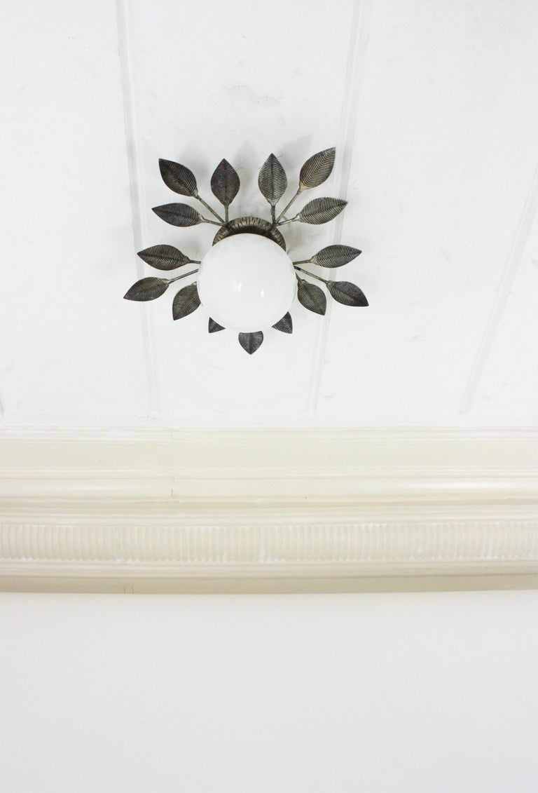 Silver Metal Foliage Light Fixture with White Blown Glass Globe, 1960s ...