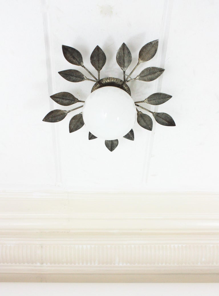 Silver Metal Foliage Light Fixture with White Blown Glass Globe, 1960s ...