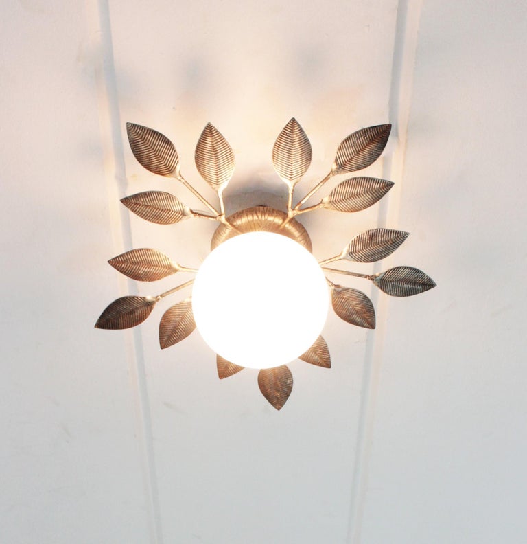 Silver Metal Foliage Light Fixture with White Blown Glass Globe, 1960s ...
