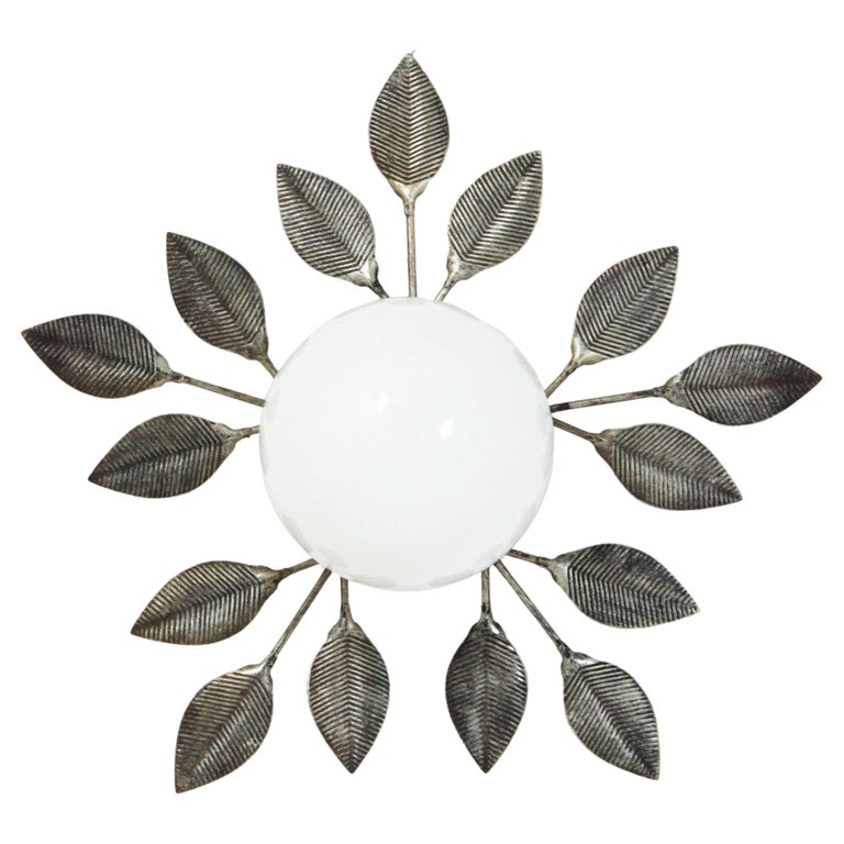 Silver Metal Foliage Light Fixture with White Blown Glass Globe, 1960s ...