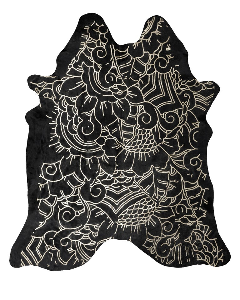 Silver Metallic Boho Batik Pattern Black Cowhide Rug, Large For Sale at ...