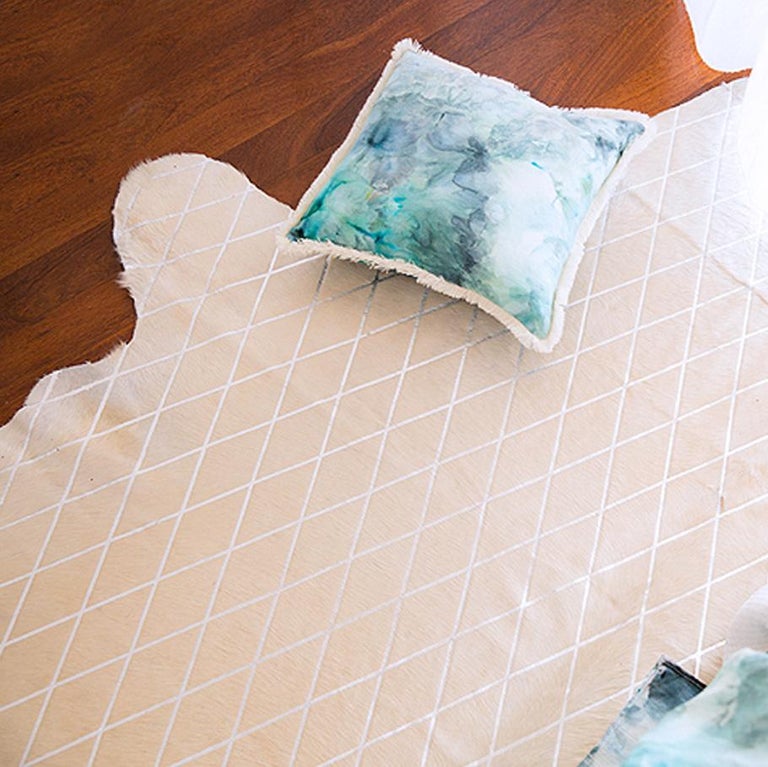Silver Metallic Diamond Pattern Cream Cowhide Rug, Large For Sale at ...