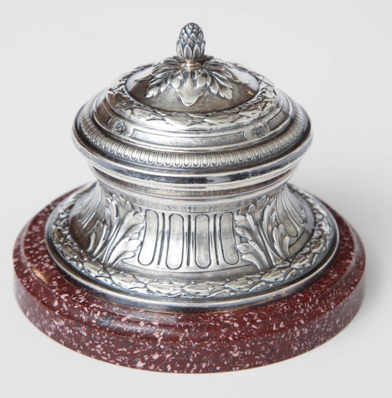 Silver Neoclassical Inkwell on Porphyry Base For Sale at 1stDibs