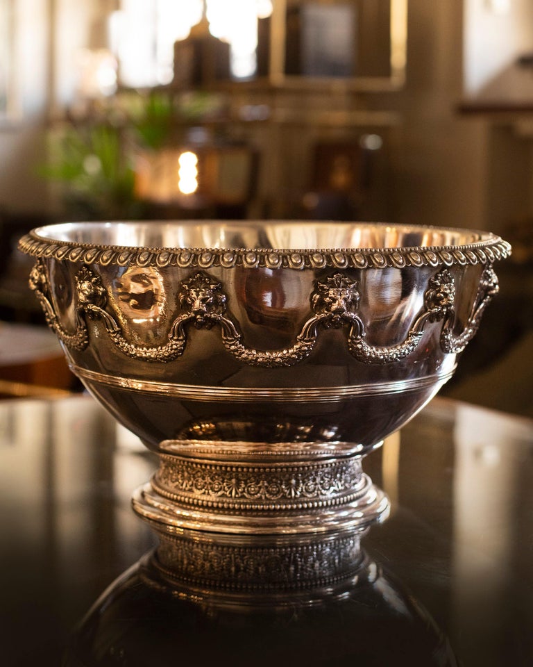 Silver on copper Rose Bowl with Lions decoration For Sale at 1stDibs