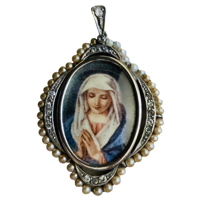 Silver Pearls Clear Stones Hand Painted Virgin Mary Pendant For Sale at ...