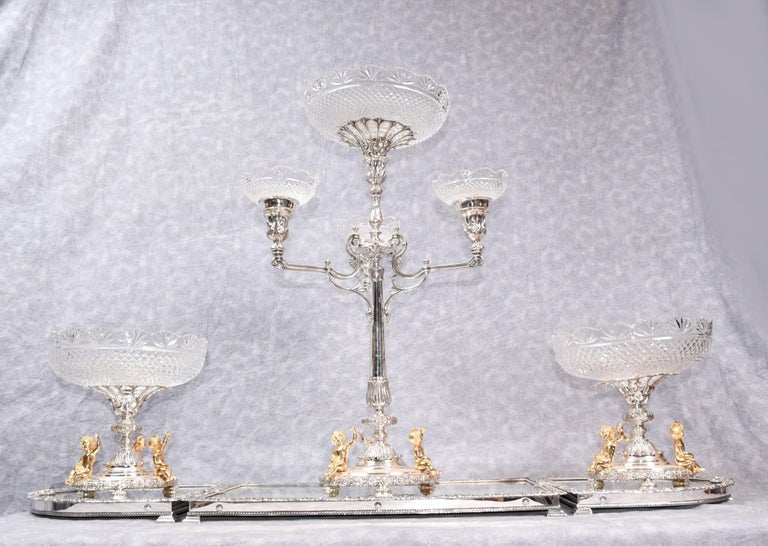 Silver Plate Centrepiece Epergne, Sheffield Glass Tray Cherub Dish For ...