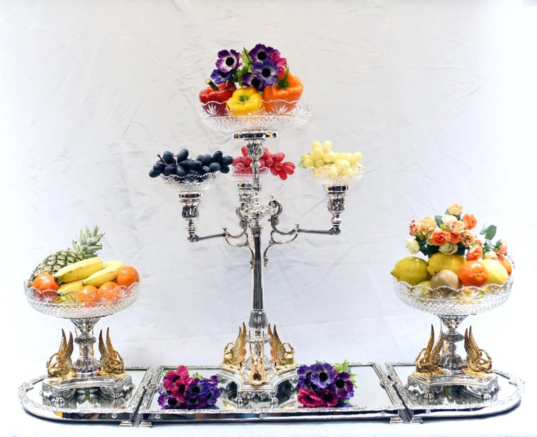 Silver Plate Epergne Centerpiece Dish, Victorian Gilt Swan Bowl For ...