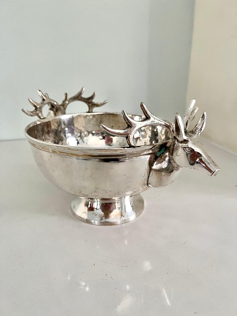 Silver Plate Hammered Bowl with Stag Handles For Sale at 1stDibs