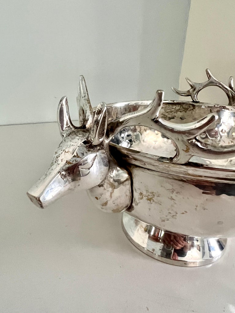 Silver Plate Hammered Bowl with Stag Handles For Sale at 1stDibs