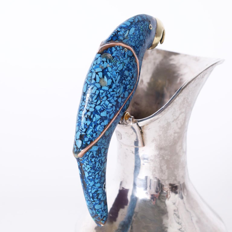 Silver Plate on Copper Pitcher with Parrot by Emilia Castillo at 1stDibs