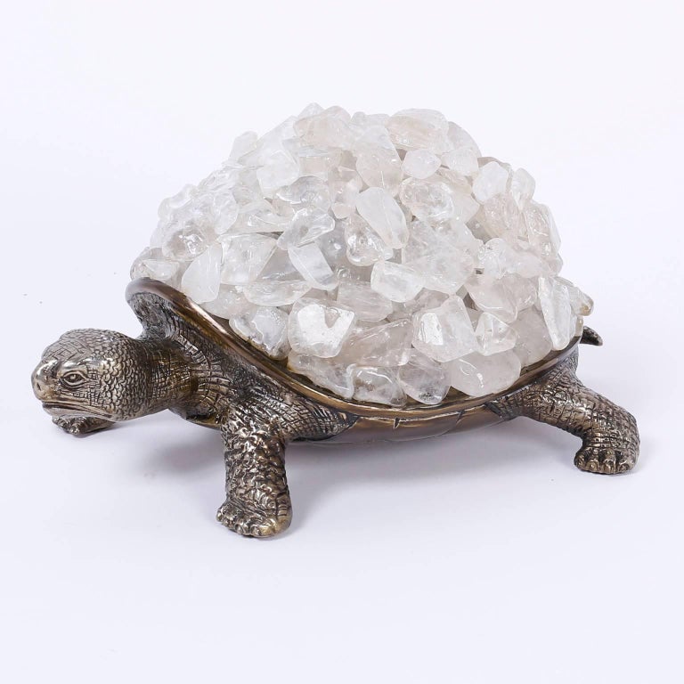 Silver Plate over Brass Turtle Sculpture with a Quartz Crystal Stone ...