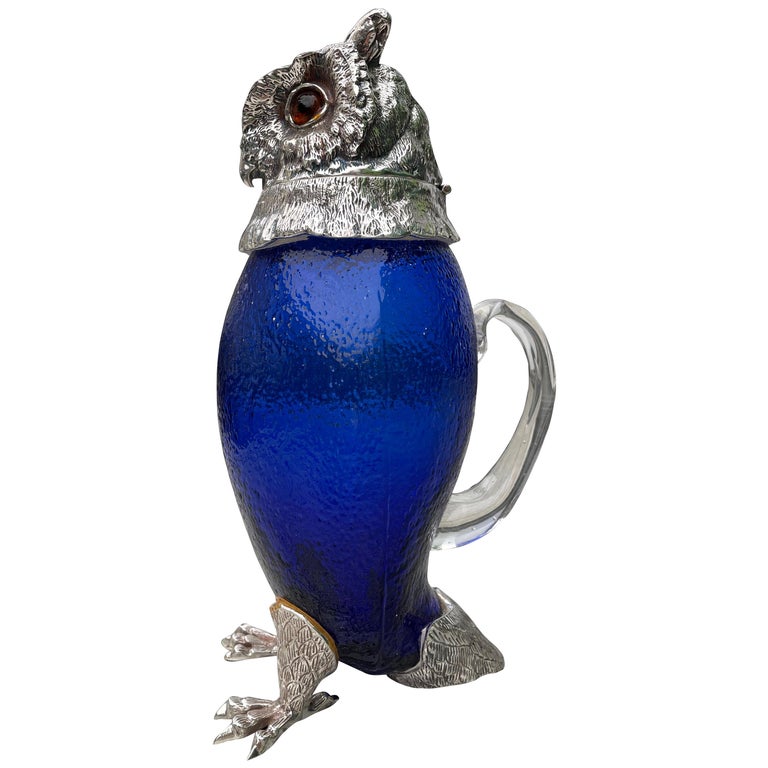 Silver Plate Owl Decanter Glass Glass Jug, 20th Century For Sale at 1stDibs