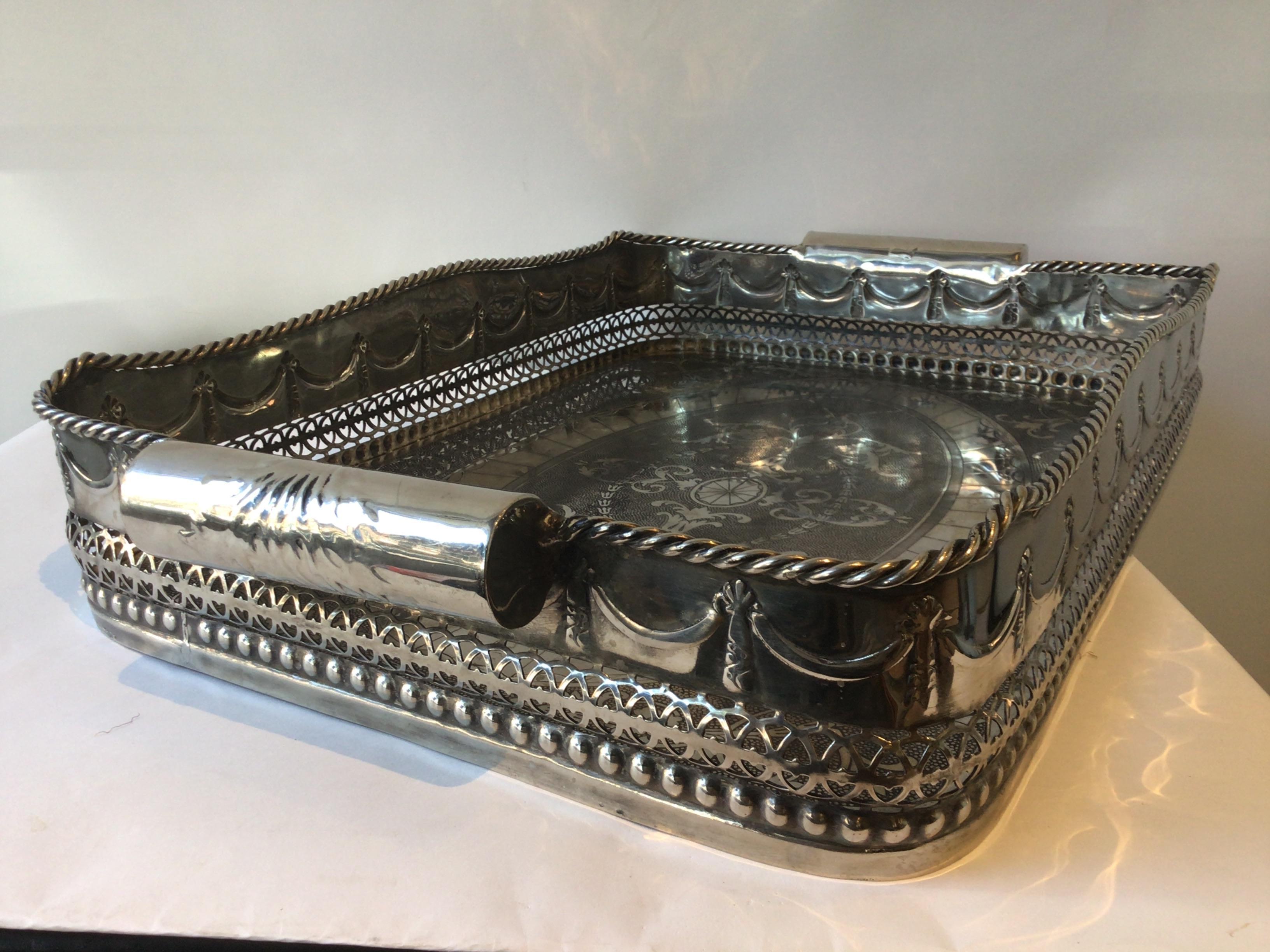 Silver Plate Tray with High Gallery at 1stDibs