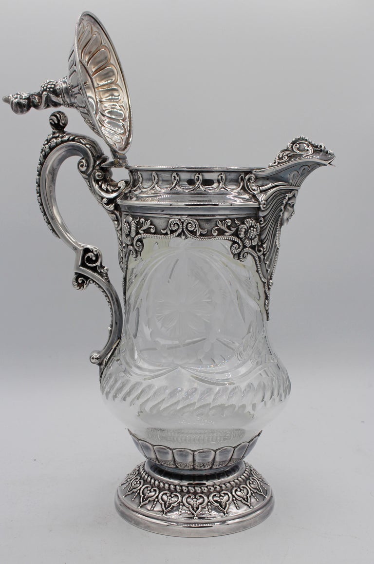 Circa 1890s Silver-Plated and Cut Glass Wine or Water Flagon by Topázio ...