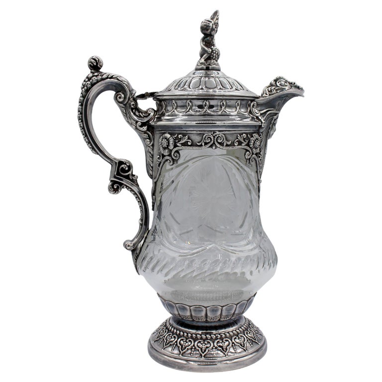 Circa 1890s Silver-Plated and Cut Glass Wine or Water Flagon by Topázio ...