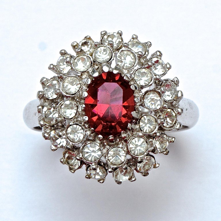 Silver Plated Dark Pink and Clear Rhinestone Cluster Ring For Sale at ...