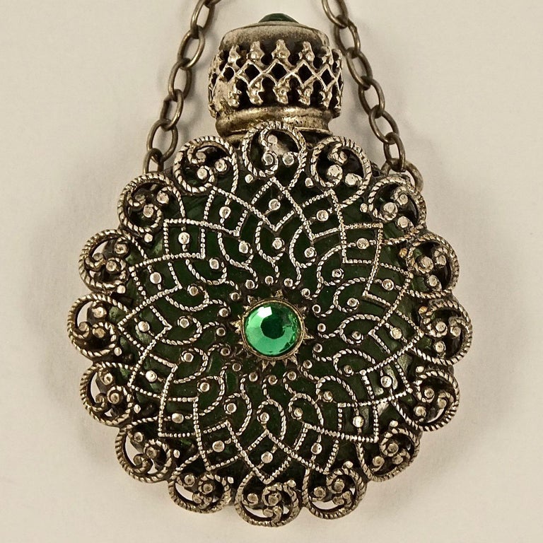 Silver Plated Filigree and Green Glass Miniature Perfume Bottle Brooch ...