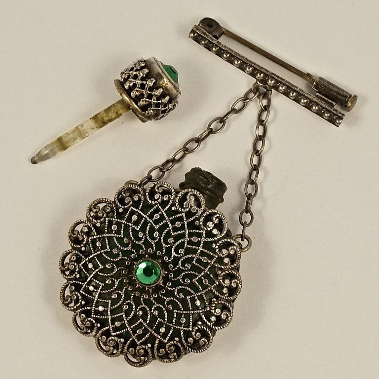 Silver Plated Filigree and Green Glass Miniature Perfume Bottle Brooch ...